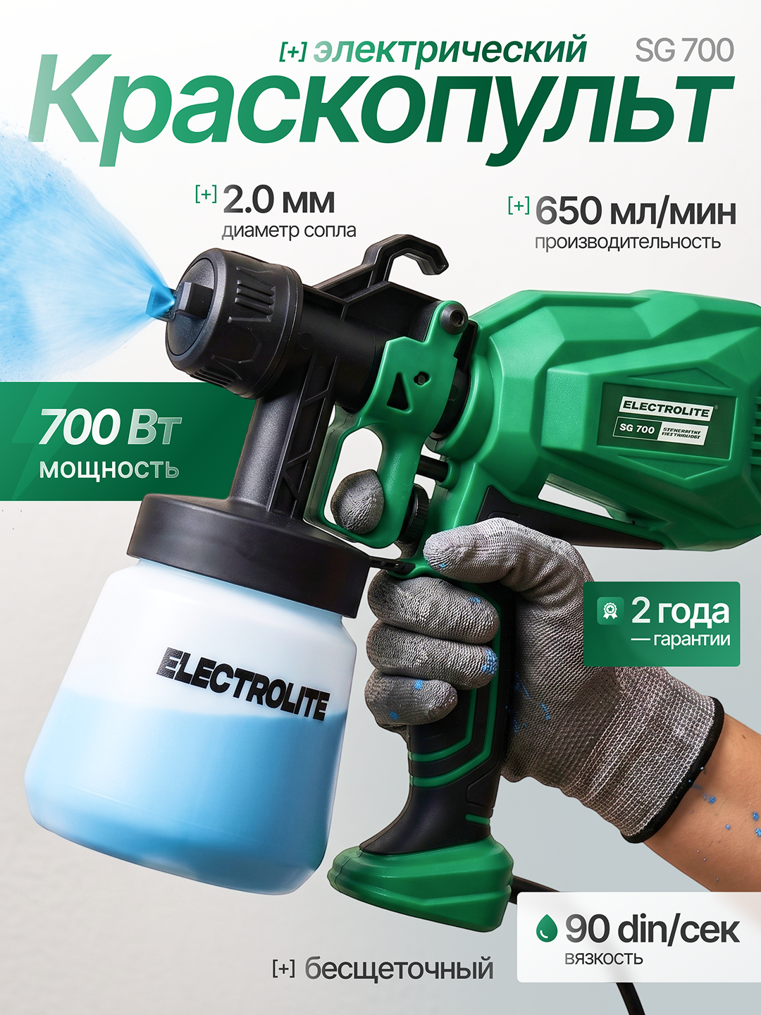 Краскопульт электрический Electrolite SG 700 ( 700Вт, 650 мл/мин, 0,8л, диаметр сопла 2мм )