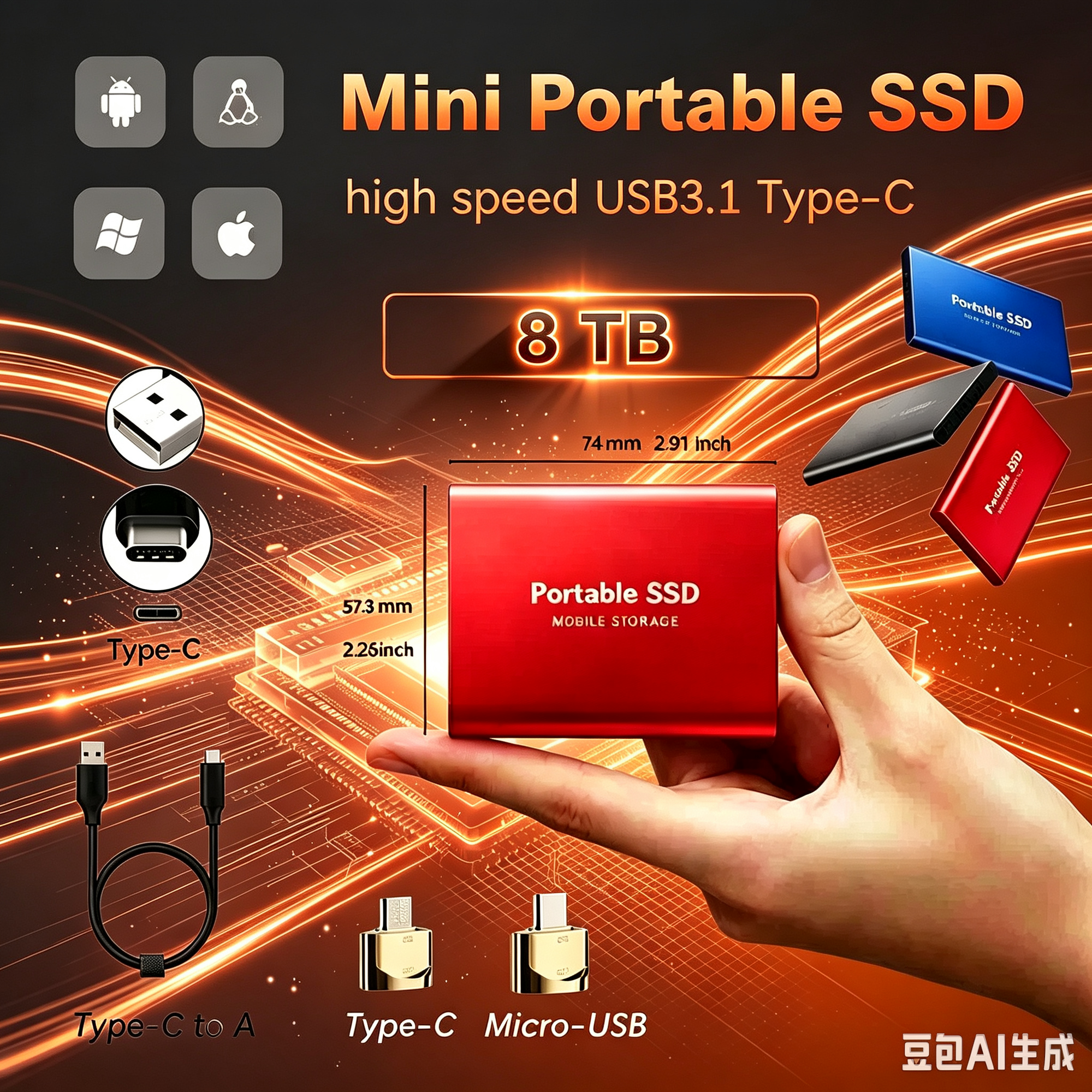 Внешний портативный SSD диск 8 ТБ USB 3.1 Type-C, скорость чтения/записи до 1050 МБ/с, мобильный накопитель красный