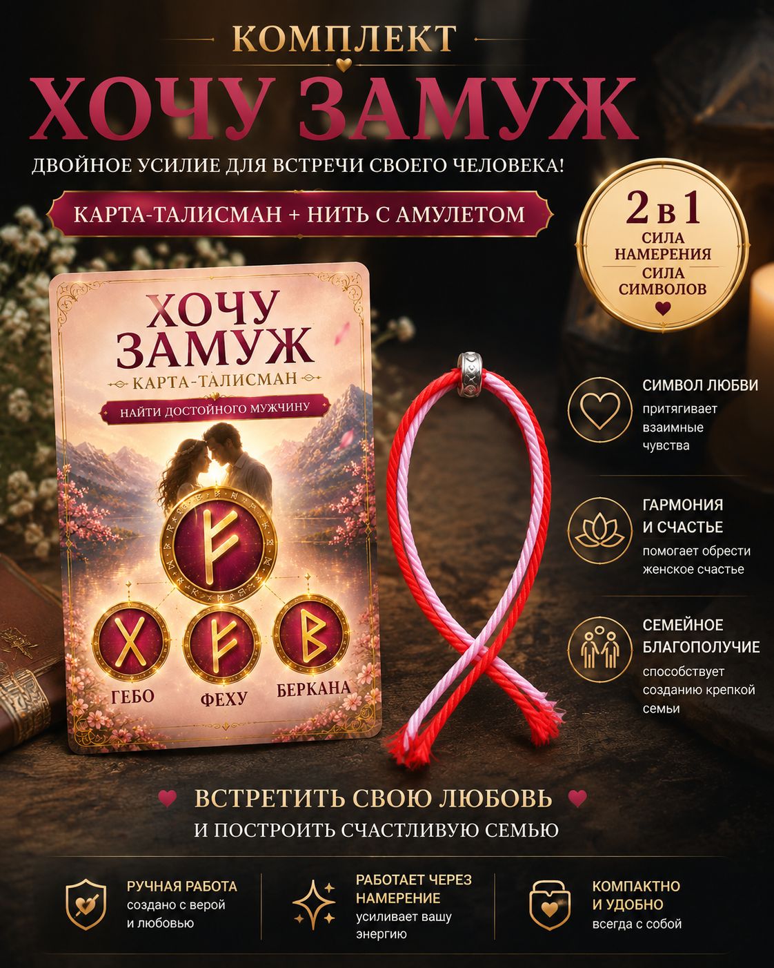 Набор - Нить с Амулетом + Карта Талисман "Хочу Замуж"