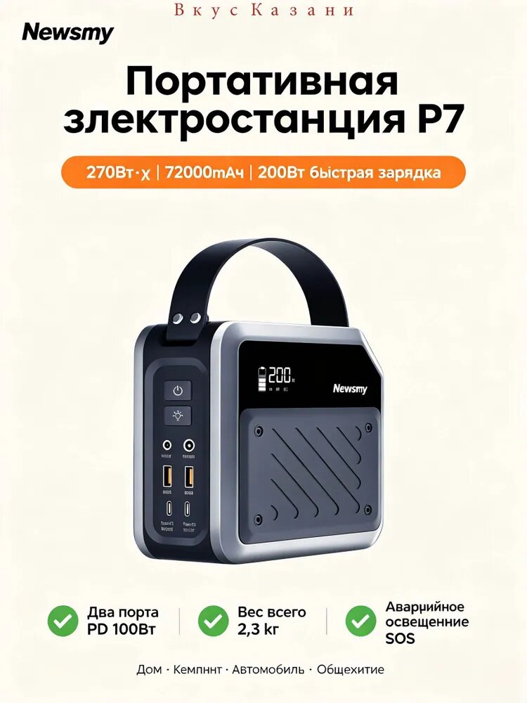 Портативная электростанция P7 270Вт ч 72000мАч Быстрая зарядка 200Вт, два порта PD 100Вт