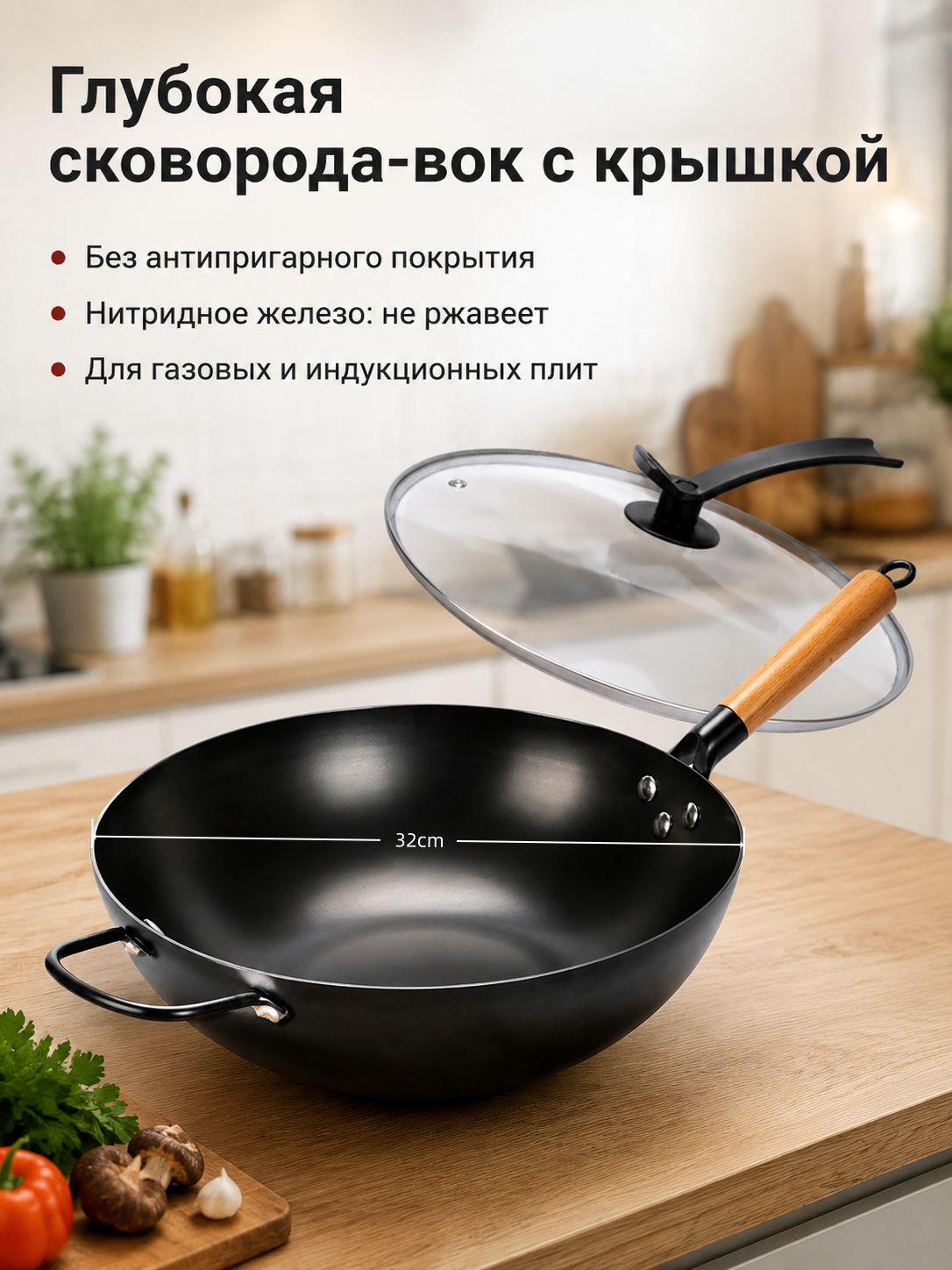 Сковорода-вок с плоским дном, 32 см, глубокая, азотированная сталь, без покрытия, с ручкой, ушком и стеклянной крышкой