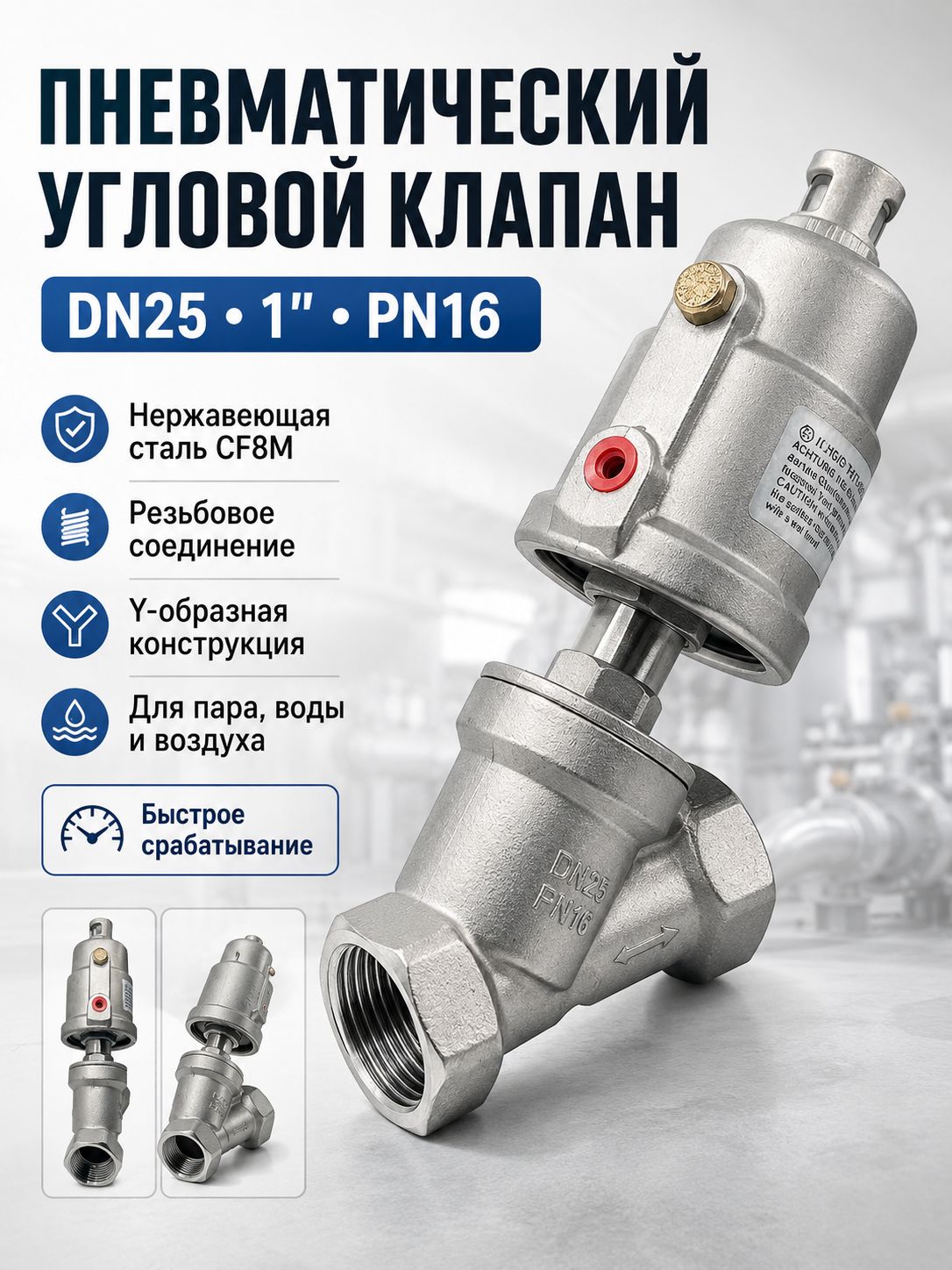 Угловой седельный клапан, нержавеющая сталь,1" DN25, пневматическое управление, резьбовое соединение