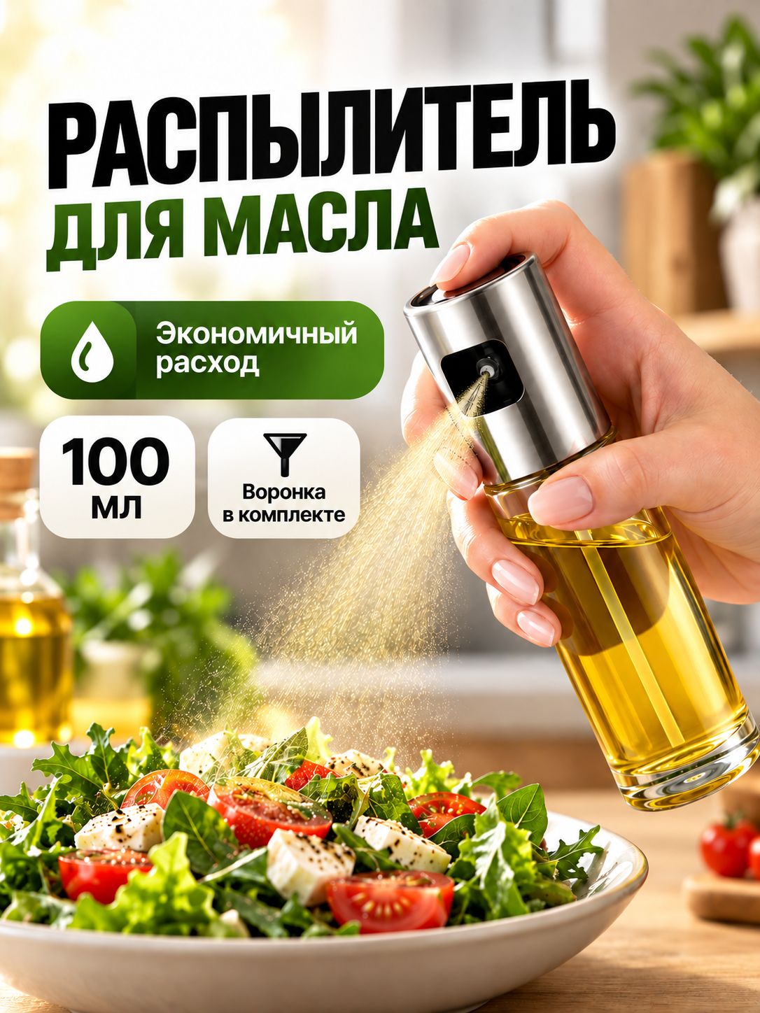 Распылитель для масла. Дозатор - диспенсер для уксуса, соуса и жидких приправ с распылителем. Емкость для масла 100мл.