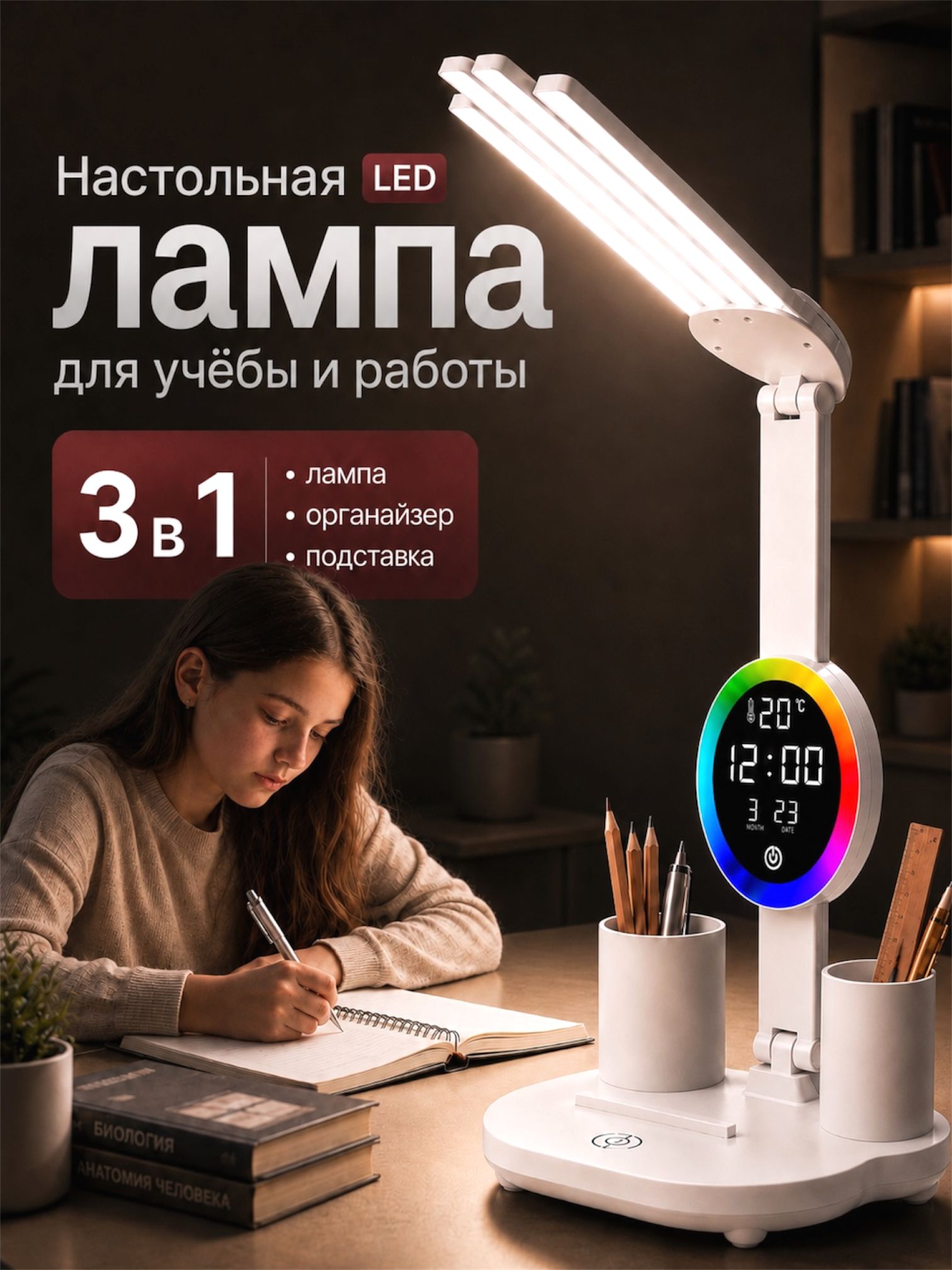 Лампа настольная для школьника светодиодная, светильник настольный для школьника