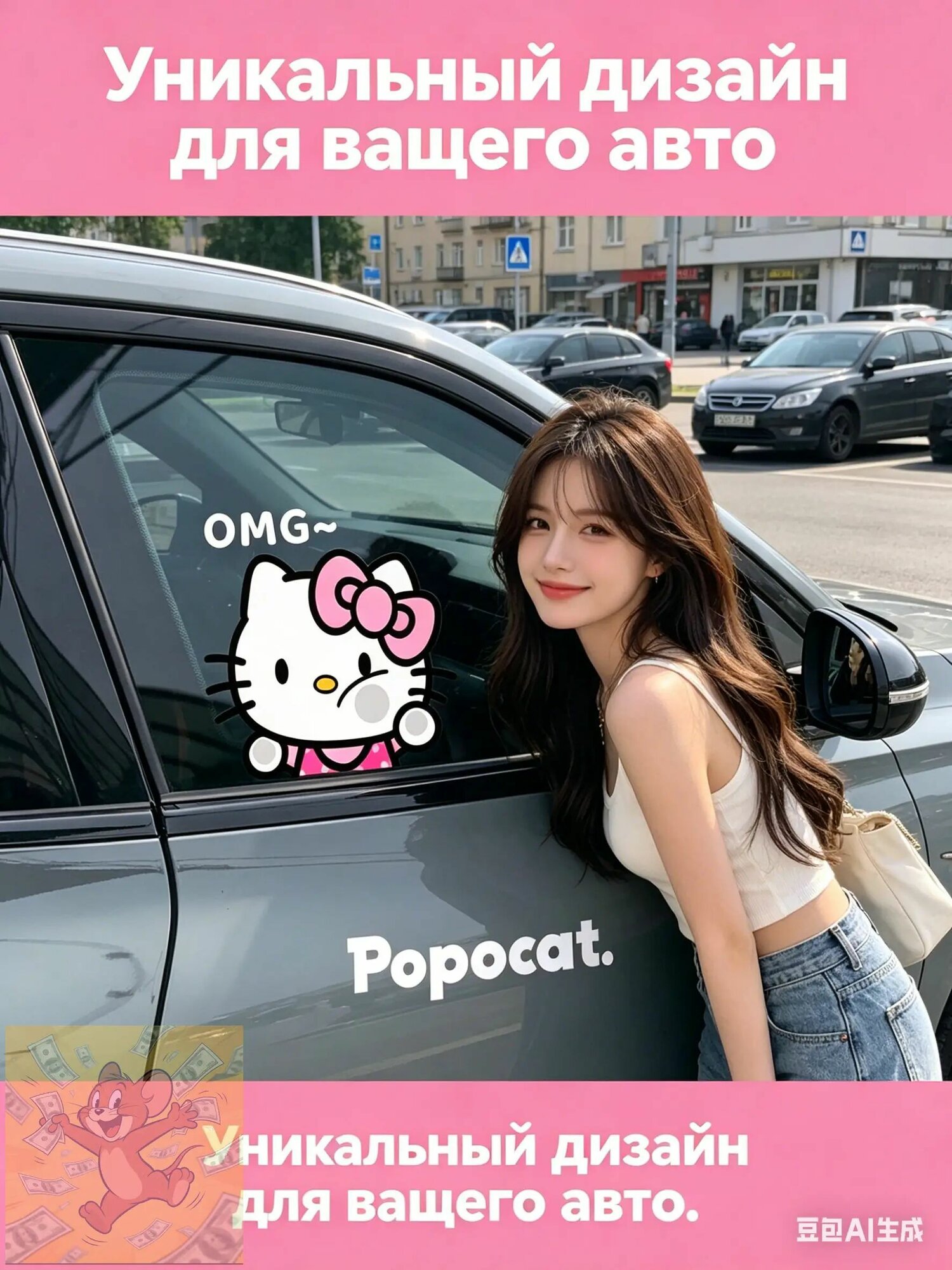 Автомобильная наклейка, Водонепроницаемый, с самоклеящейся основой, Hello Kitty, 14,9 см, 1 штука