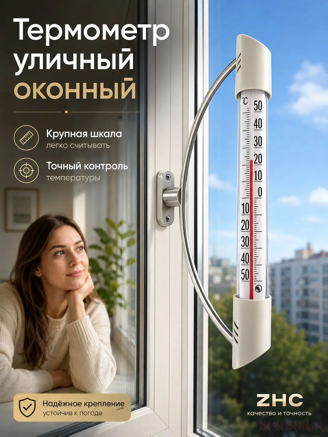 Уличный оконный термометр , наружный термометр для окна от -50C до +50C, с крупной шкалой и креплением на раму