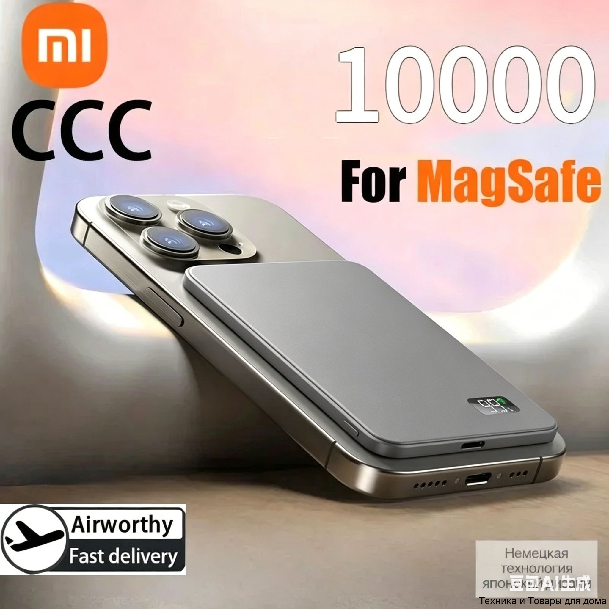 Сертифицированный CCC премиум пауэрбанк на 10000 мАч с MagSafe, обеспечивающий ультратонкую беспроводную зарядку для телефонов и наушников