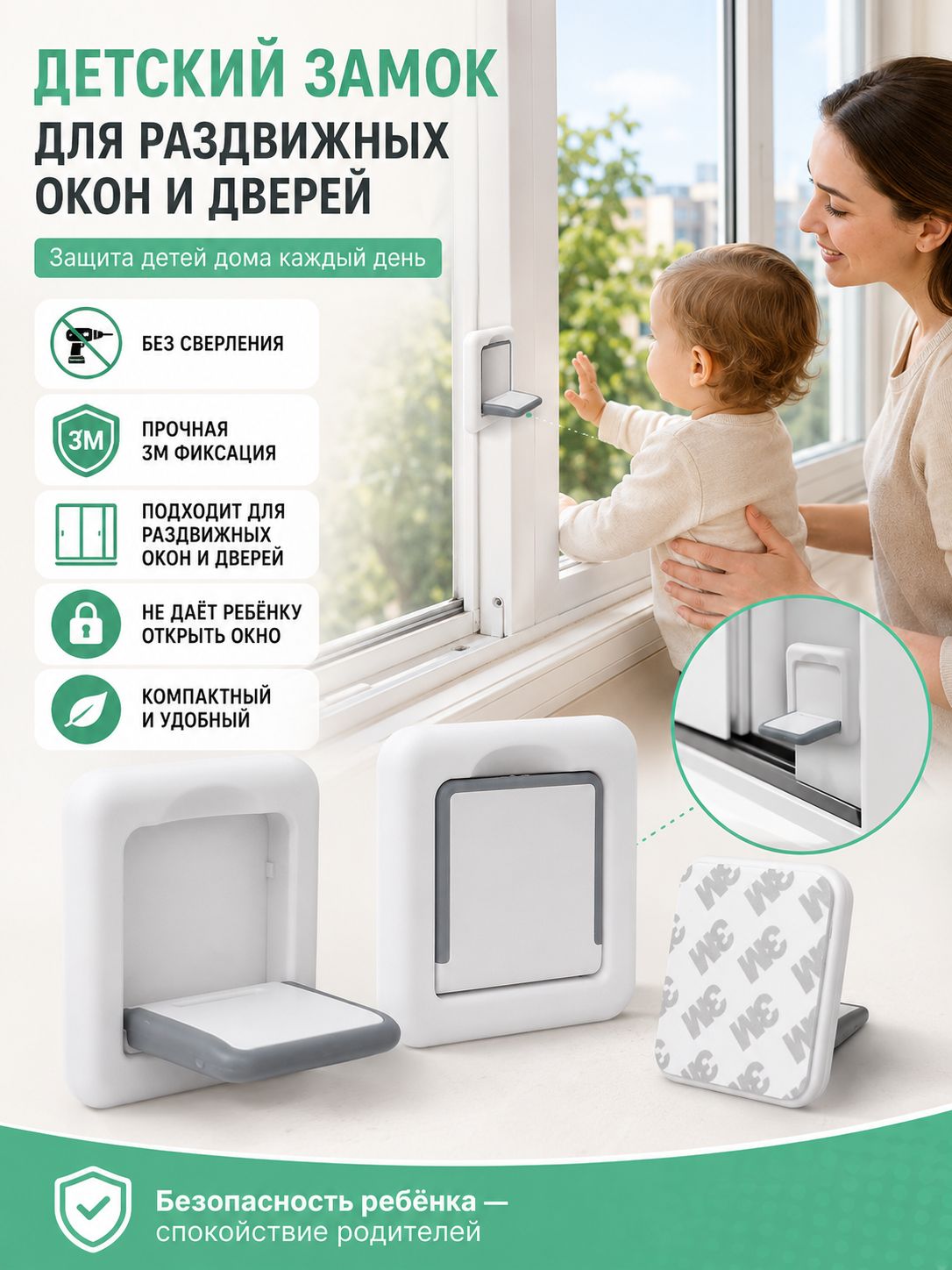 Ограничитель раздвижных окон и балконных дверей от детей, самоклеящийся стоппер без сверления, пластиковый блокиратор