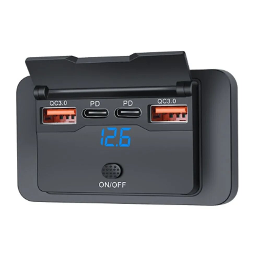 Универсальное 4-портовое 12В 108Вт зарядное устройство. Dual PD / Dual QC3.0 USB с цифровым вольтметром, выключателем и панельным адаптером