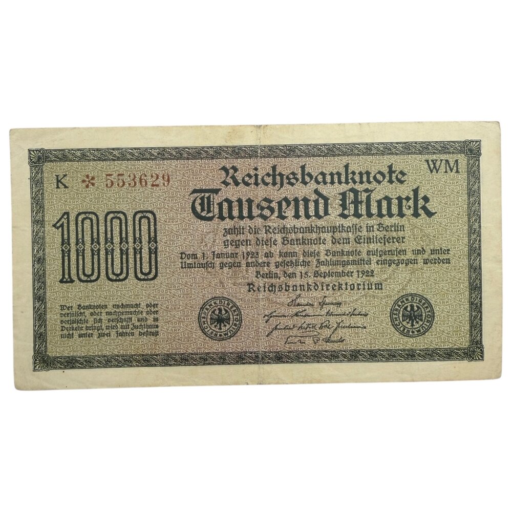 Веймарская республика (Германия) 1000 марок 1922 г. (ВЗ - Греческий узор, F) (Литера WM) (Серия K*)