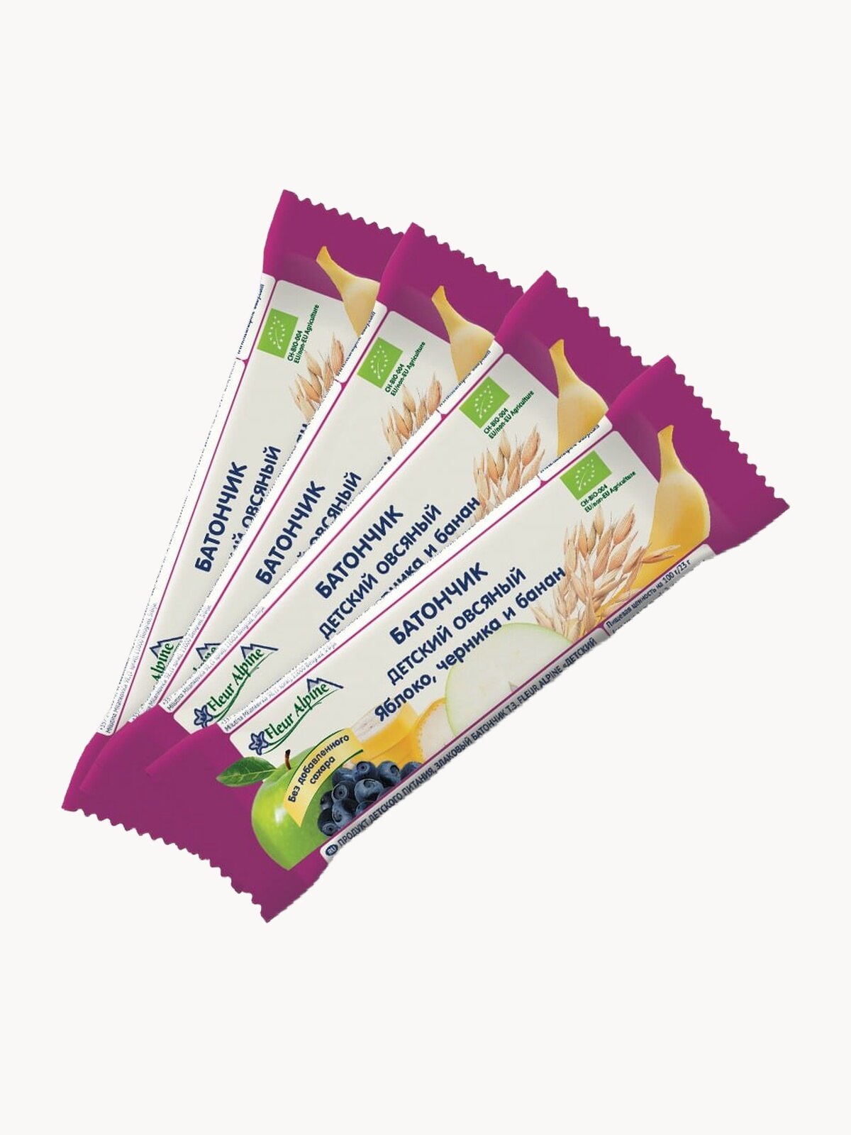 Батончик детский овсяный Fleur Alpine яблоко, черника и банан, с 3 лет, 23 г х 4 шт
