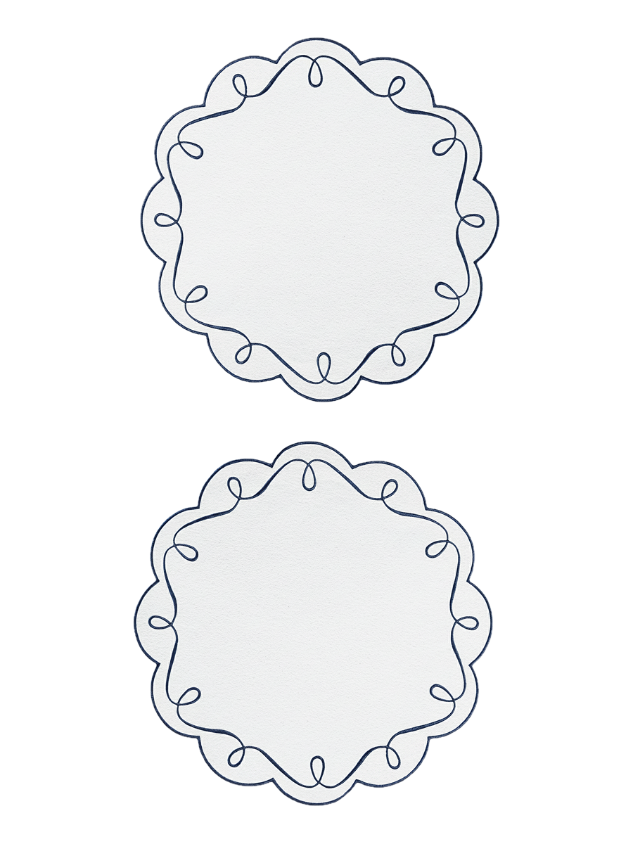 Набор круглых сервировочных салфеток под приборы Secret Melochei, белые с темно-синим кантом 38 см, 2 шт