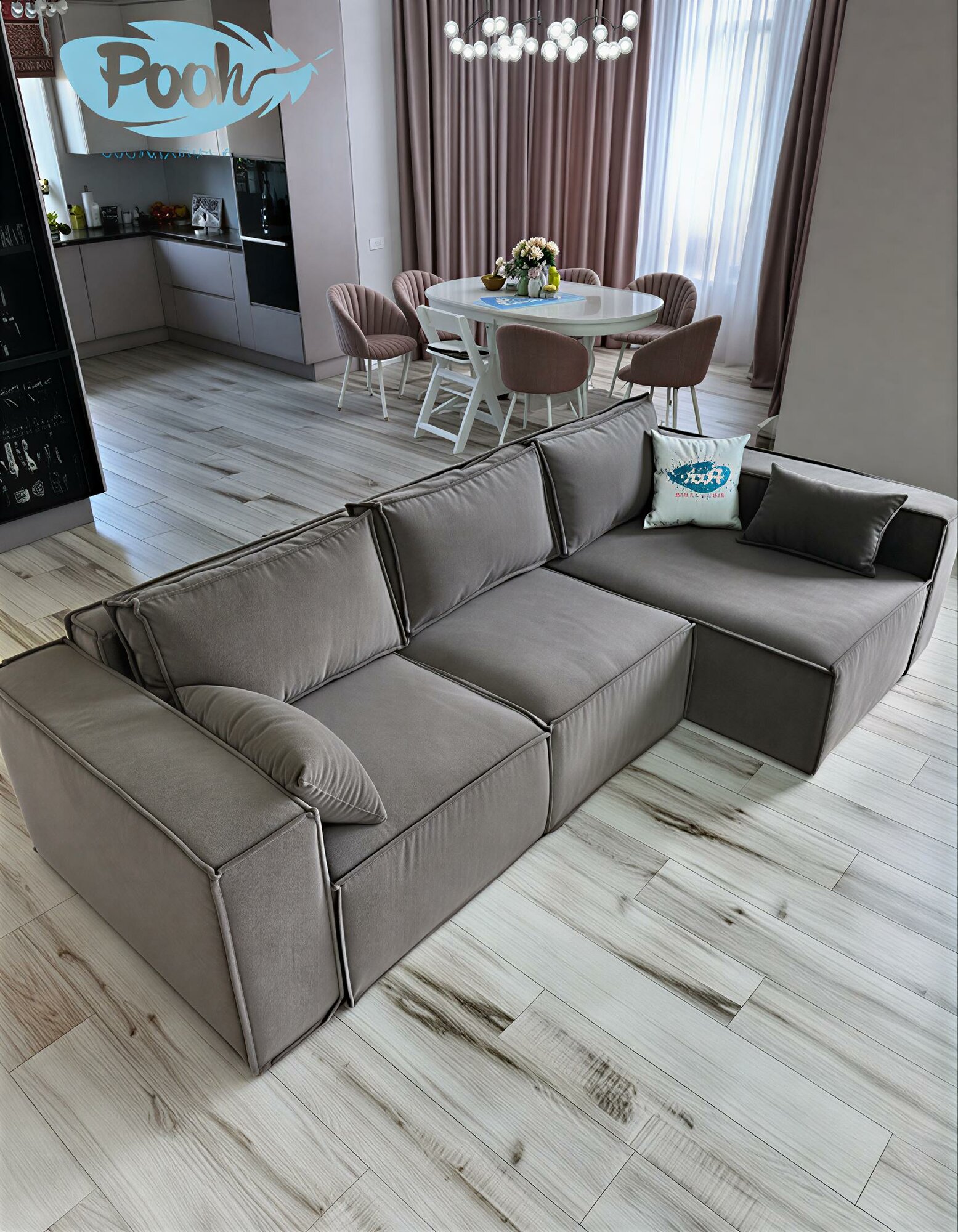 POOH Диван-кровать угловой Лофт(Норд ) velour Stone, механизм еврокнижка Правый