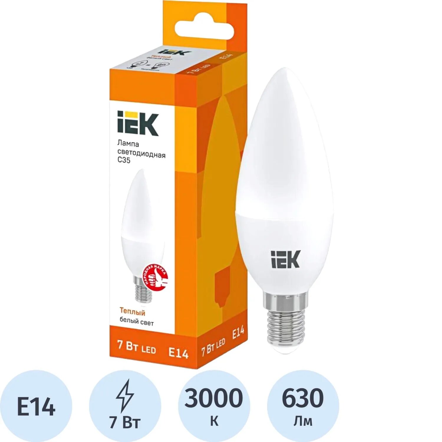 Лампа светодиодная IEK ECO C35 LLE-C35-7-230-30-E14 7Вт 3000К E14