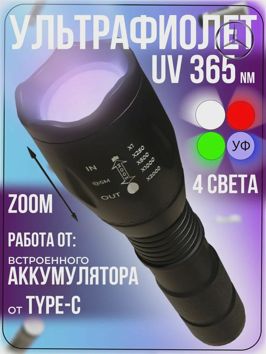 Ультрафиолетовый фонарь UV 365 нм, 4 света с ZOOM фокусировкой, красный белый зеленый ультрафиолет, Type-C, LED, перезаряжаемый USB, UV фонарик ручной аккумуляторный, металлический корпус