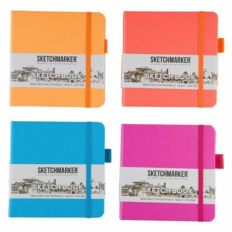 4 шт. Скетчбук, слоновая кость, 140 г/м2, 120х120 мм, 80 л, Кожзам, резинка, SKETCHMARKER, 4 цвета неон, 8011, 23148011OFM
