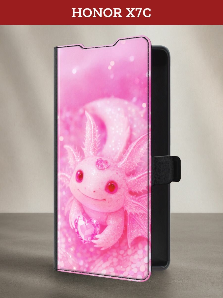 Чехол-книжка на Honor X7C / Хонор X7C с принтом Розовый милый аксолотль, черный