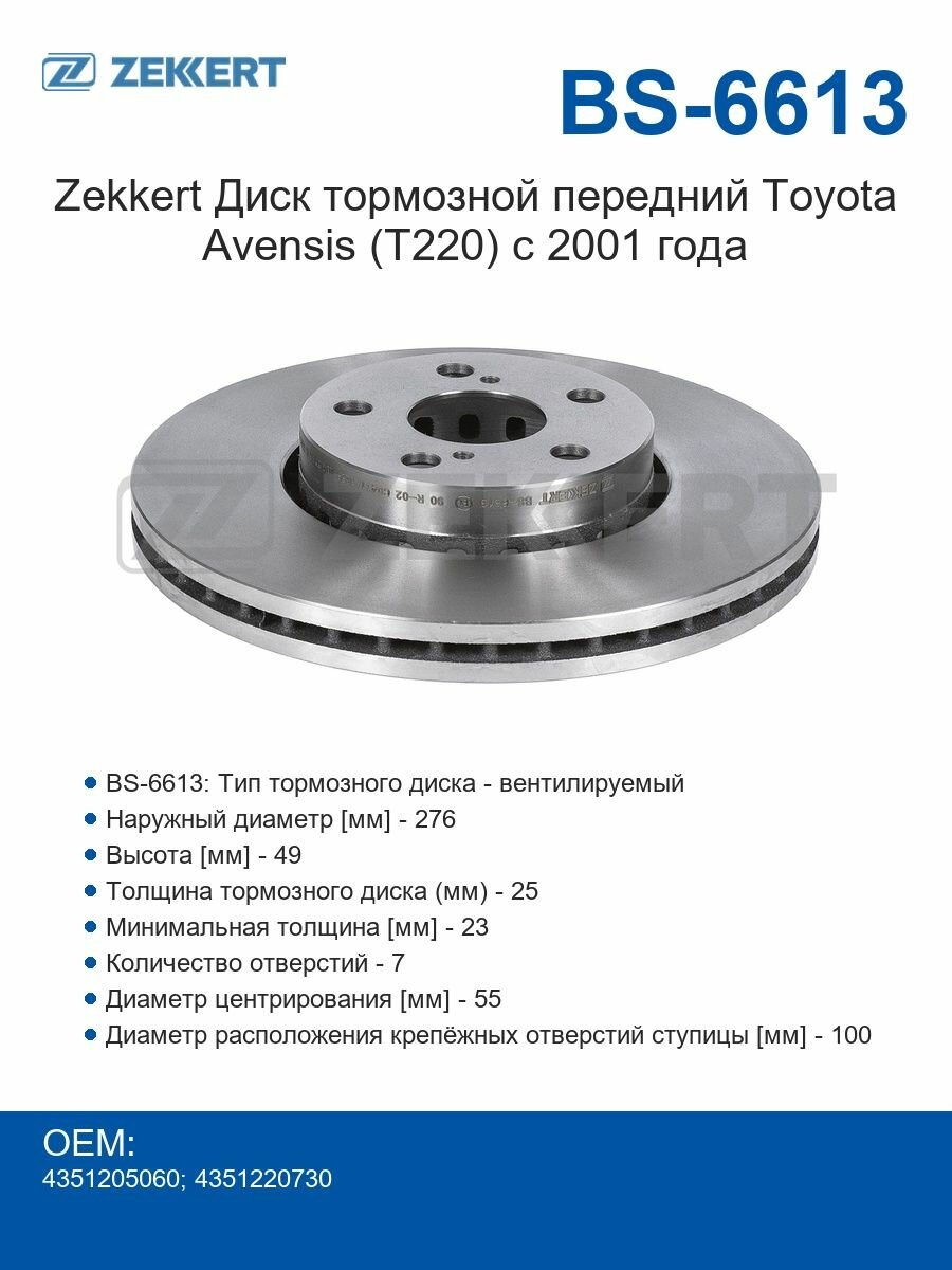 Zekkert Диск тормозной передний Toyota Avensis (T220) с 2001 года
