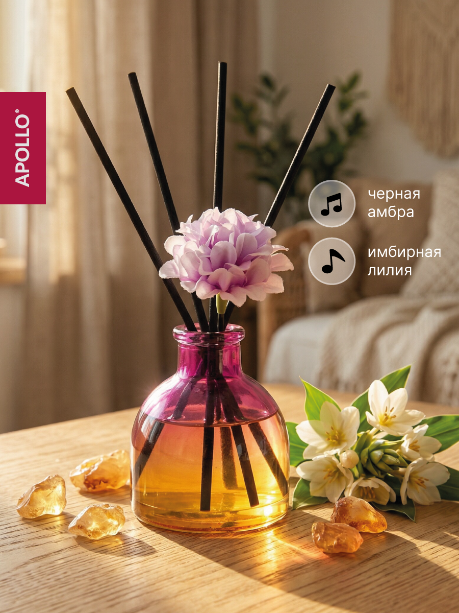 Аромадиффузор с палочками Apollo, черная амбра и имбирная лилия, объем 40 мл