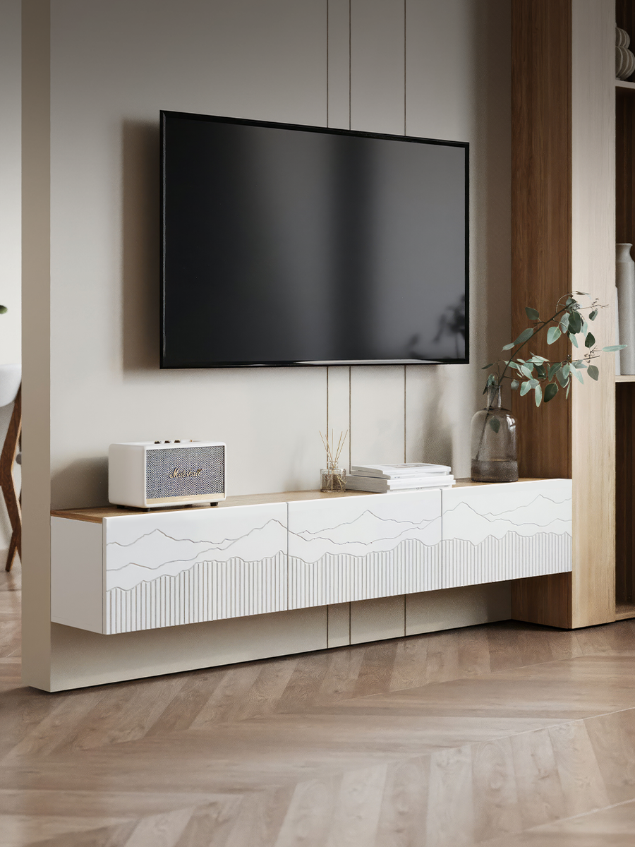 Тумба под телевизор Puzzlemebel Хюгге, консоль навесная со скандинавским орнаментом, длина 180, белый/светло-коричневый