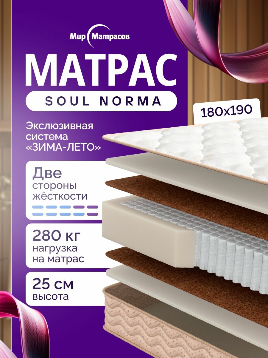 Матрас 180х190 см Soul Norma анатомический, Независимые пружины, Зональный блок