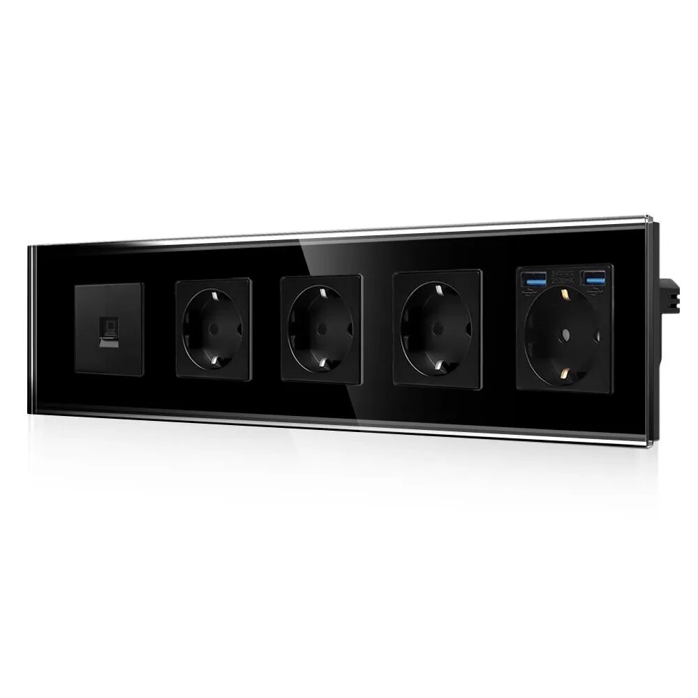 Розетка с USB-портами и интернетом / Rj-45,5 поста, черный Закаленное стекло.