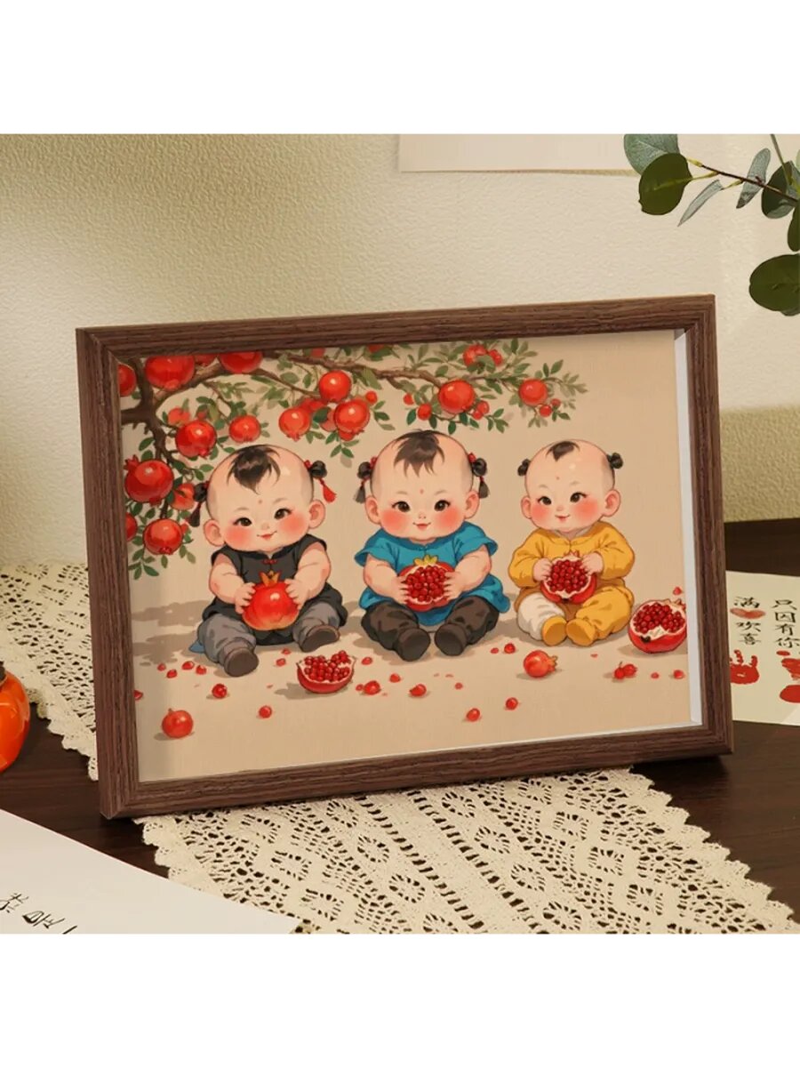 Фоторамка A3, орех, три ребенка с фруктами, настенная