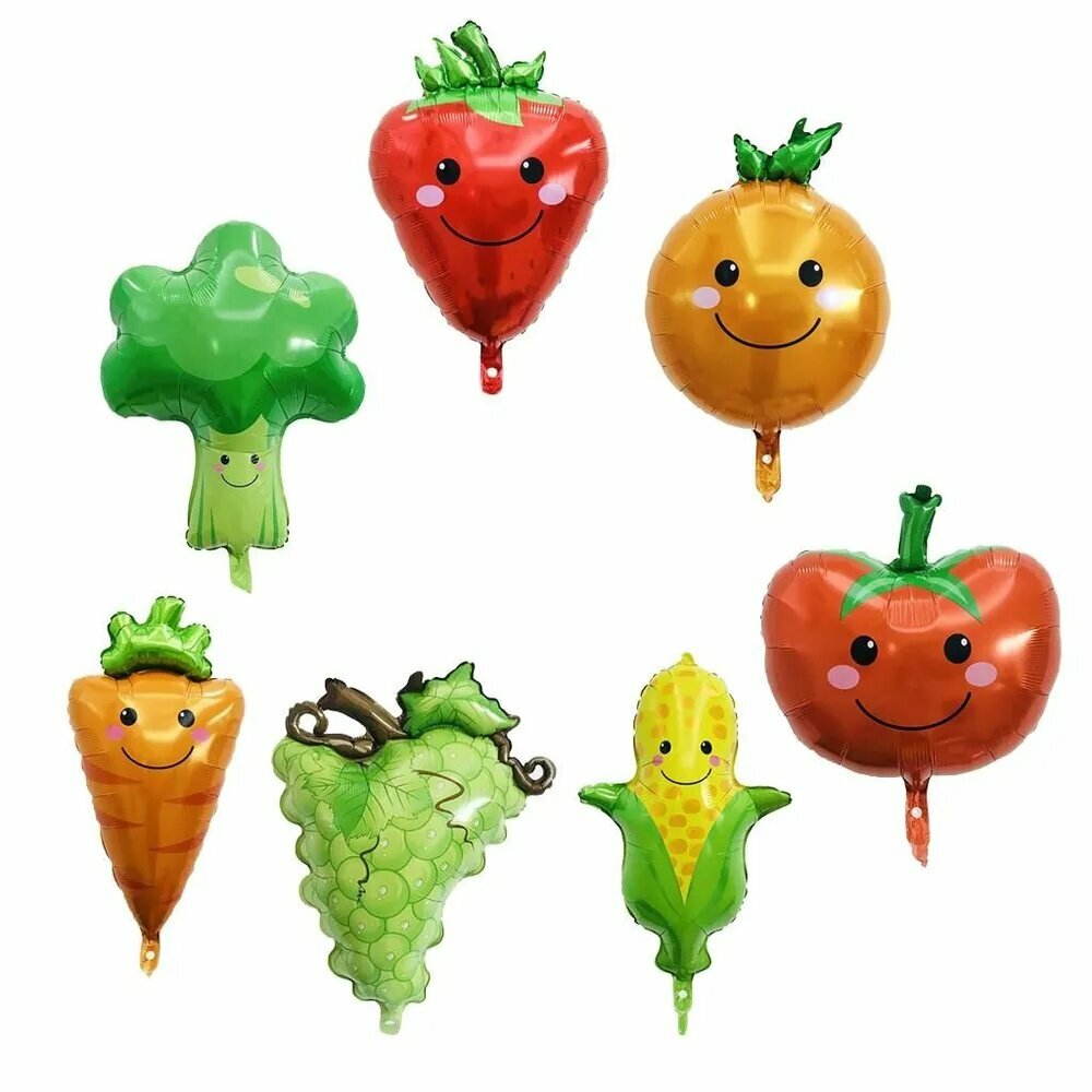 Набор фольгированных шаров "Веселые Фрукты и Овощи" для детского дня рождения, 7 штук, с гелием