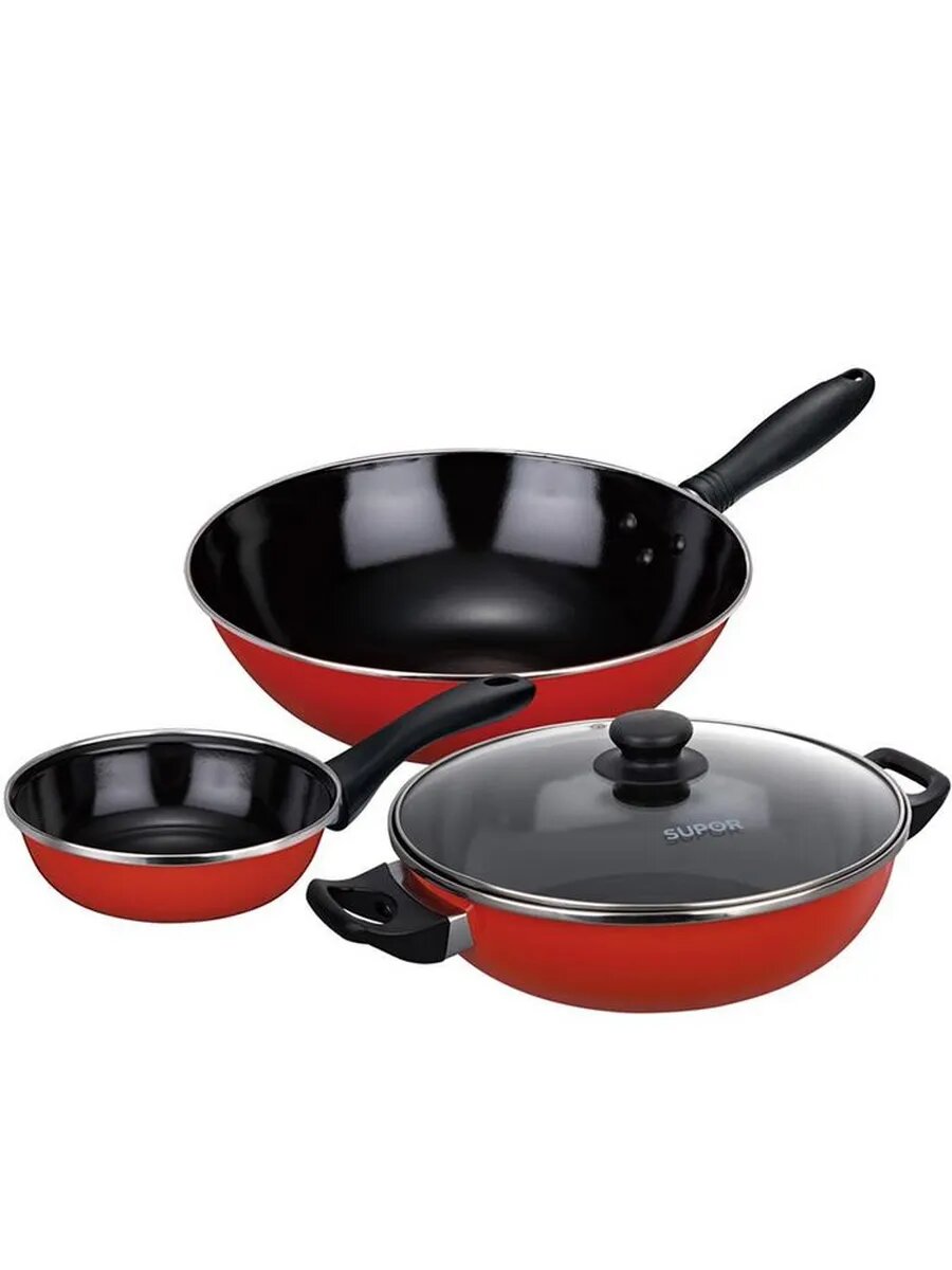 Набор Supor из 3 чугунных сковородок, красный