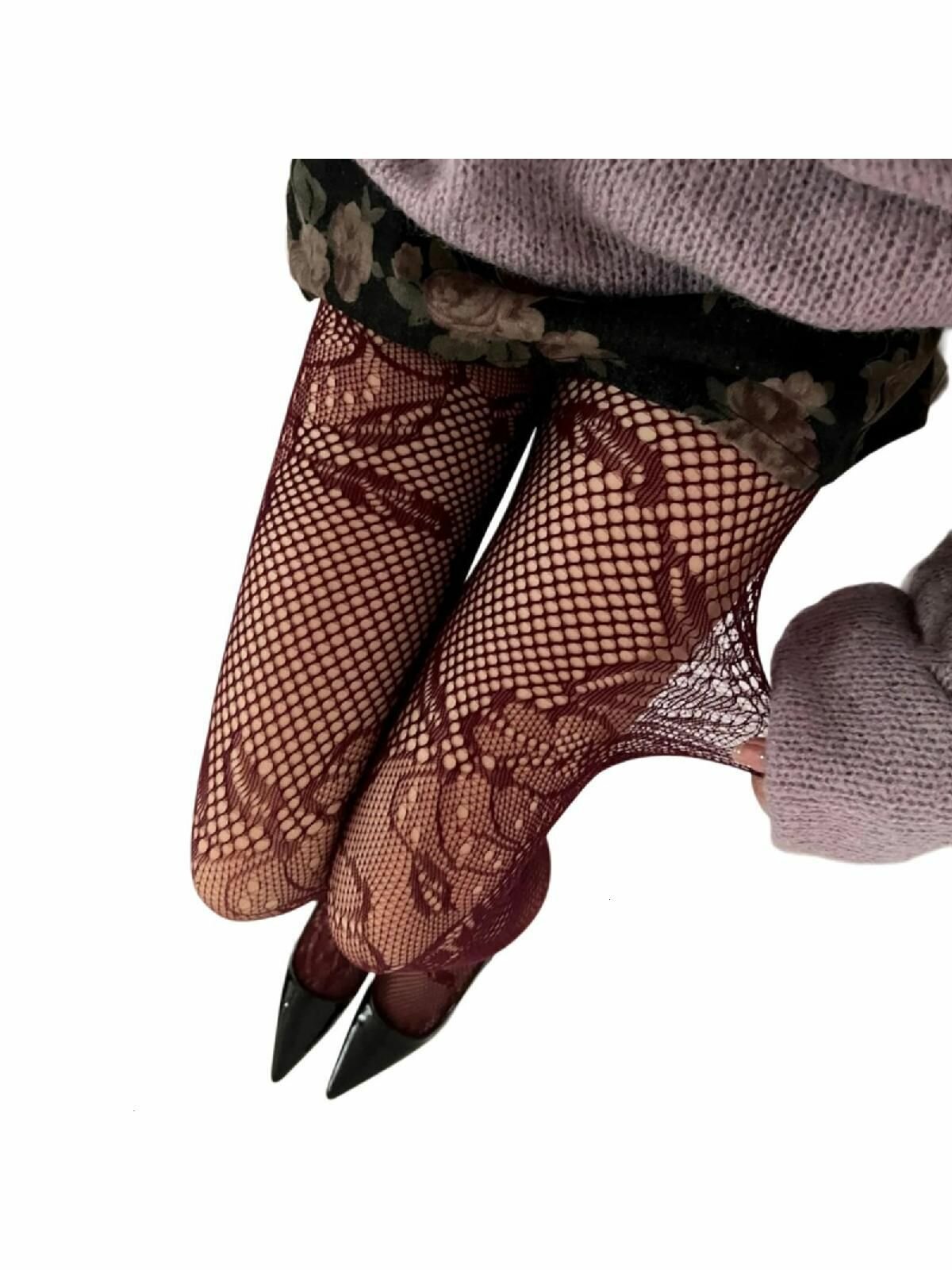 Женские сетчатые леггинсы с цветочным узором, Бургундский