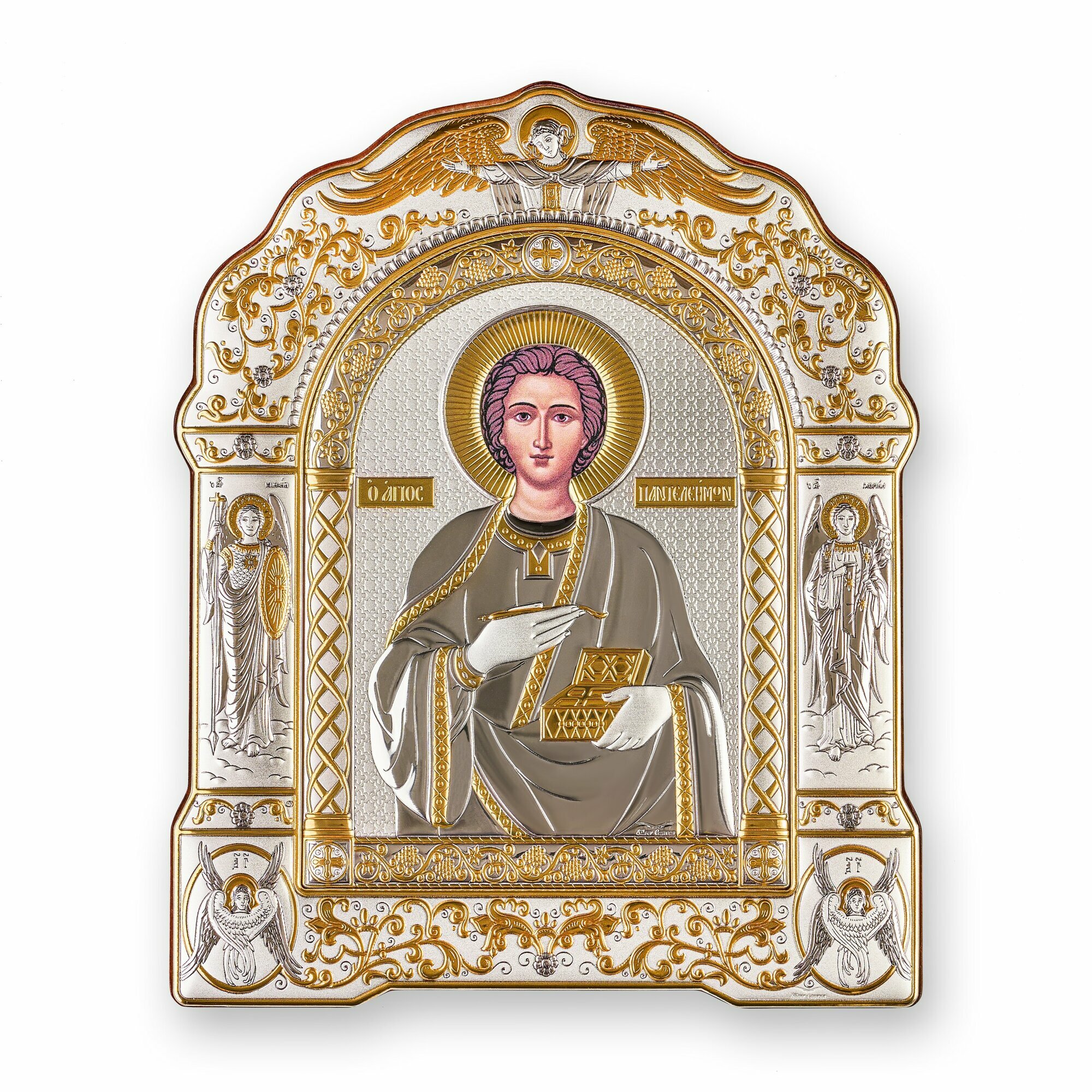 Икона серебряная, греческая Пантелеймон 206х270мм