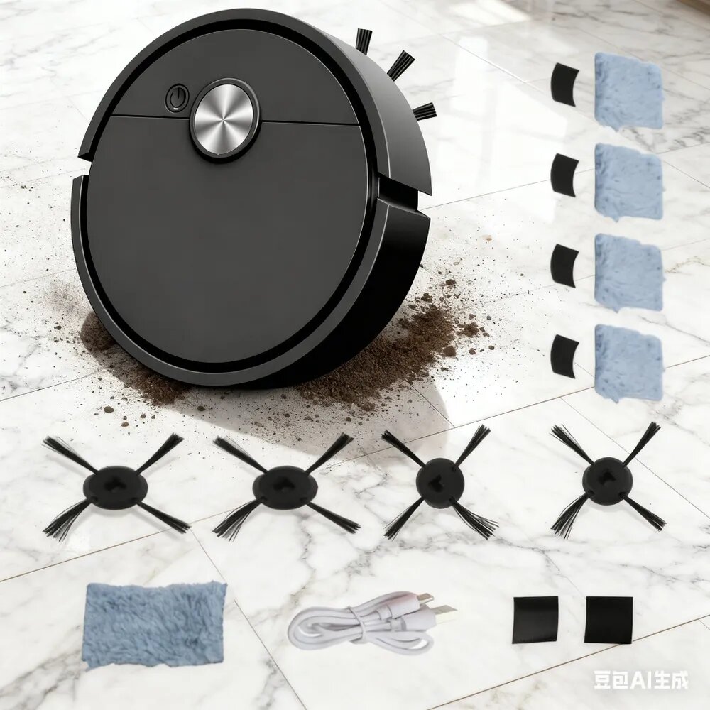 Черный робот-пылесос + 4 боковые щетки + 5 салфеток для влажной уборки