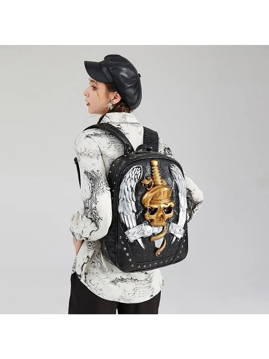 Рюкзак женский 3D PU кожа, шипы, черный, 20-35л