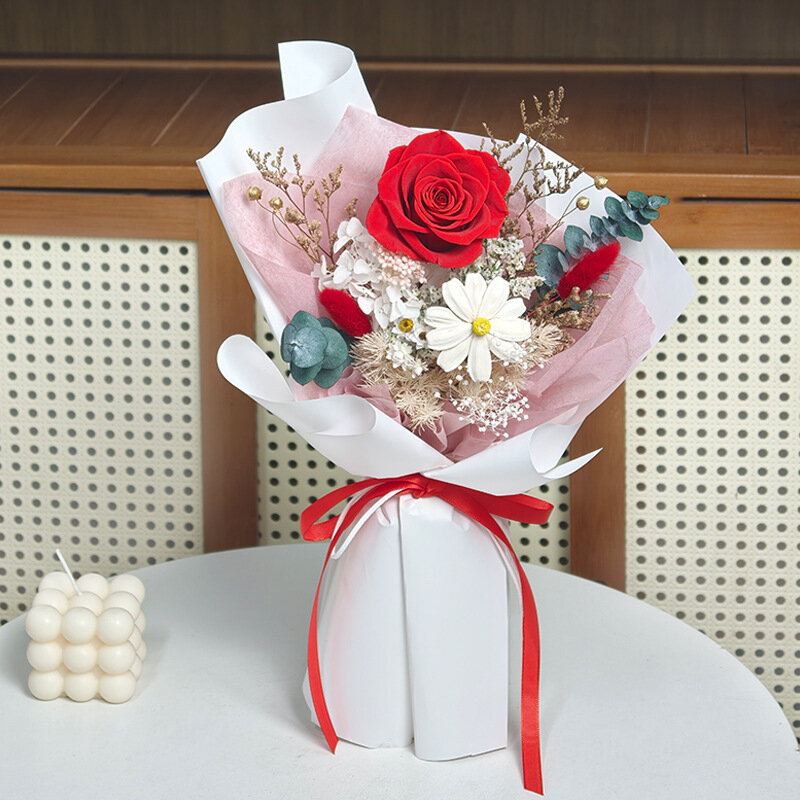 Миниатюрный букет роз в корейском стиле из стабилизированных живых цветов, готовый рождественский подарок, от производителя.