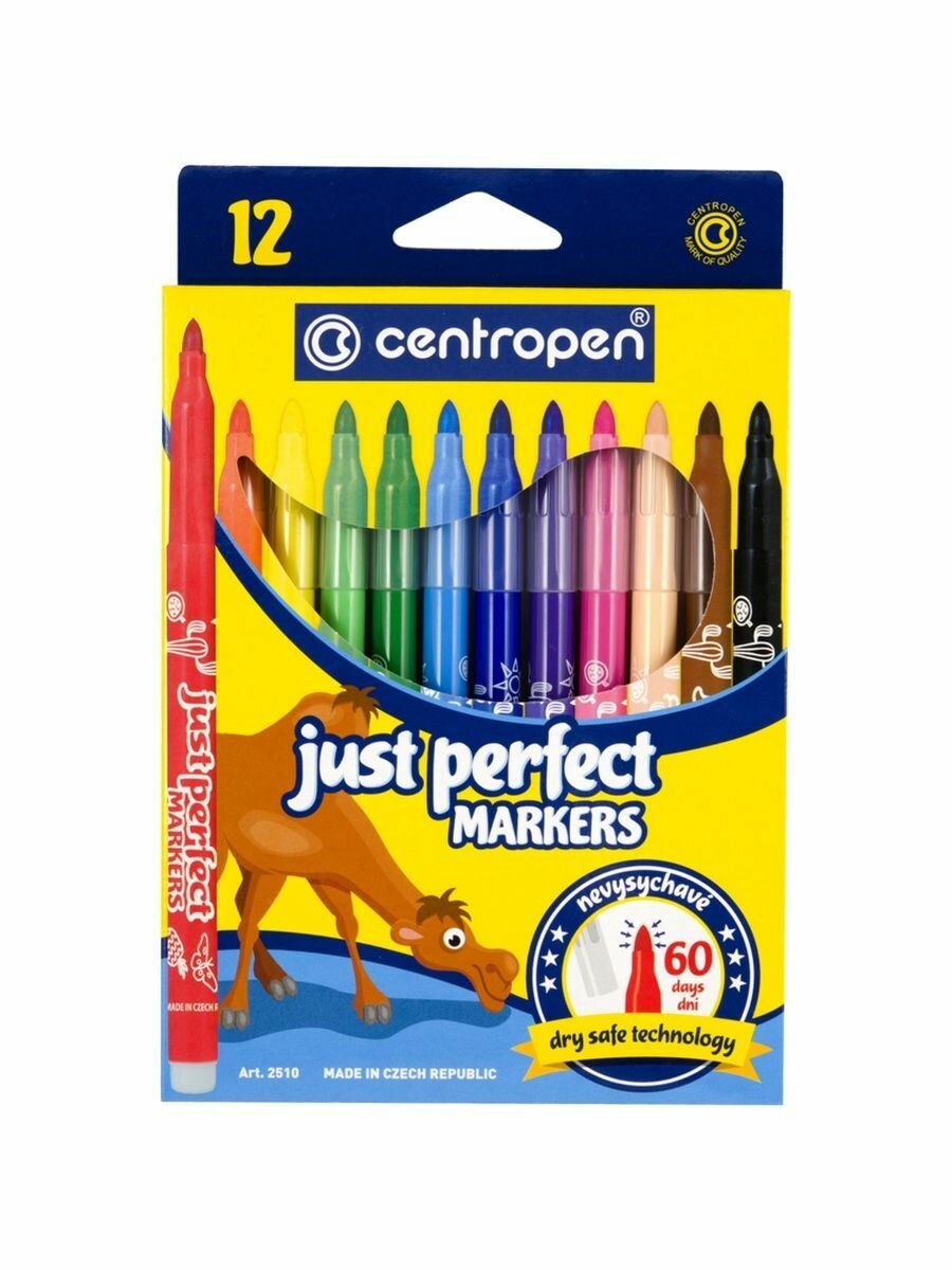 Фломастеры Centropen "Just Perfect", 12цв, трехгран, смываемые, устойч. к высыханию, картон, 7 2510 1201/7 2510 1285