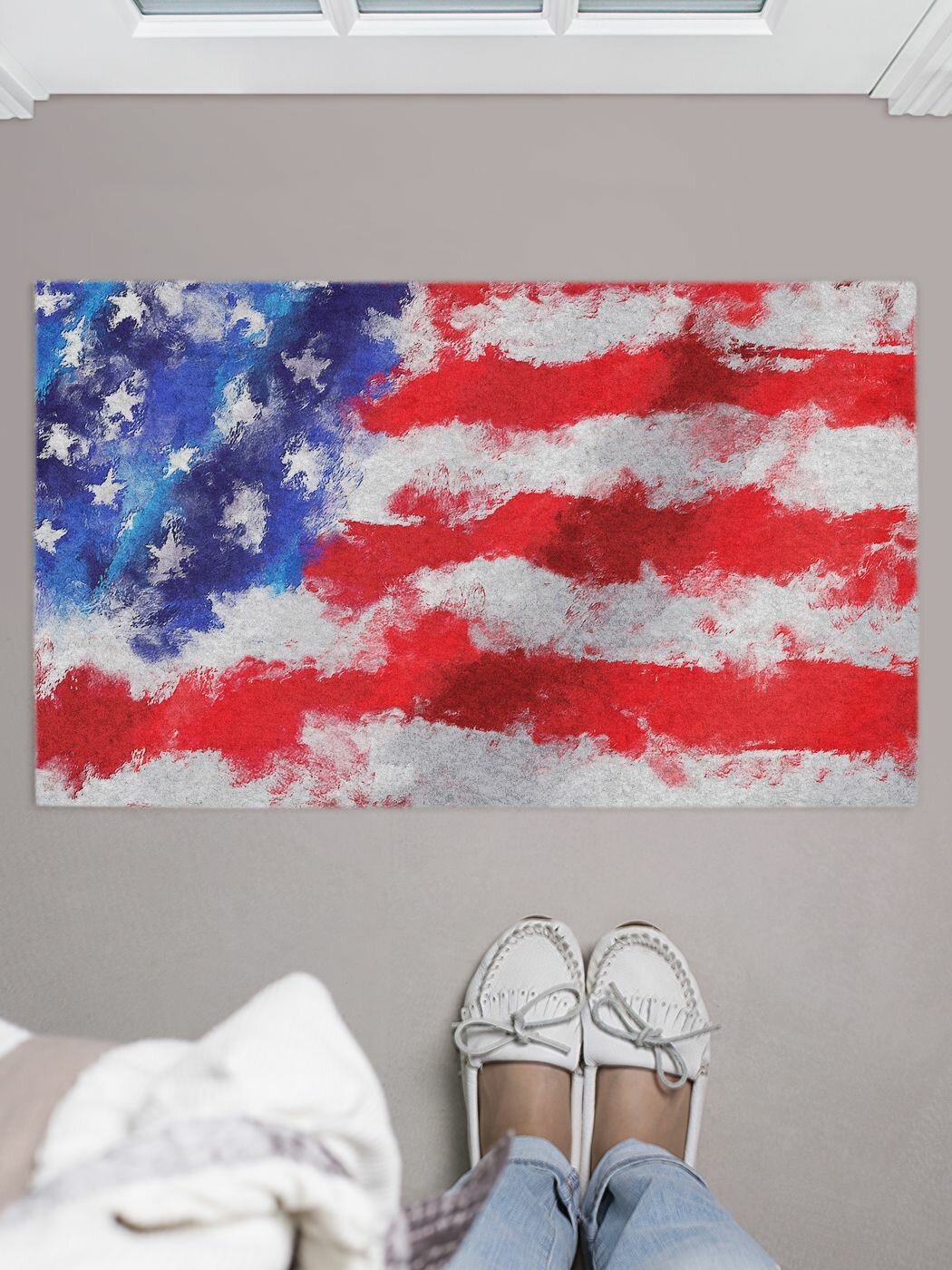 Коврик придверный в прихожую с принтом "Флаг америки в красках" 45 на 75 см , JoyArty