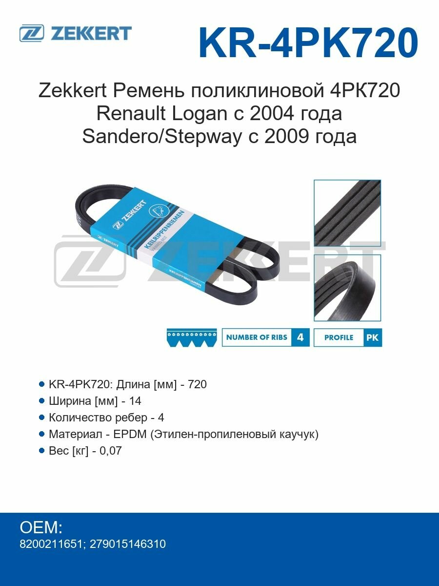 Zekkert Ремень поликлиновой 4РК720 Renault Logan с 2004 года Sandero/Stepway с 2009 года