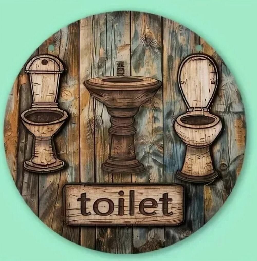 Жестяная табличка Туалет в ретро-стиле с сантехникой, круглая, декор для стен, металл, 20х20 см.