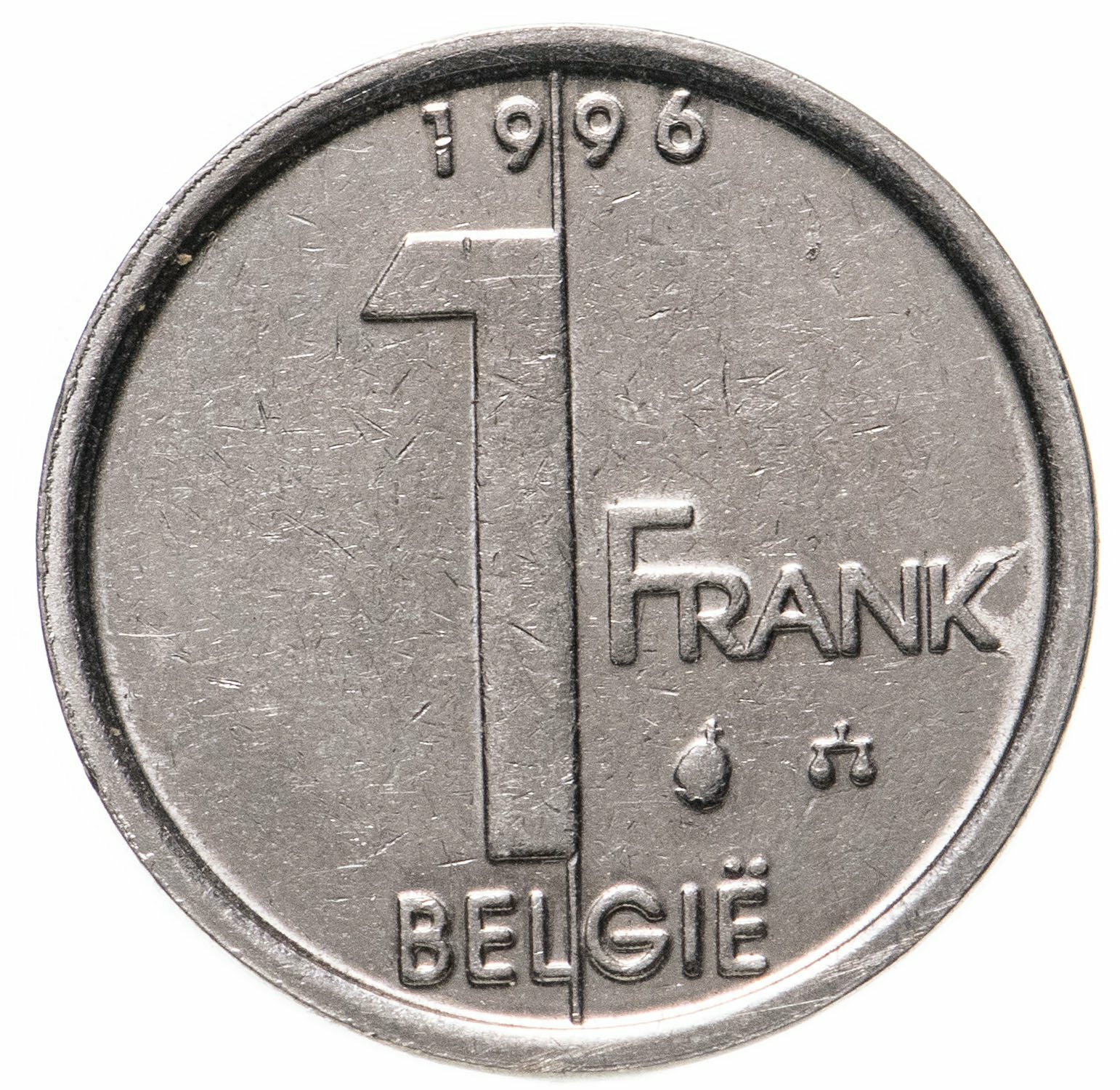 Бельгия 1 франк franc 1994-2001, случайный тип и год, Сталь, плакированная никелем, в сохранности XF-AU