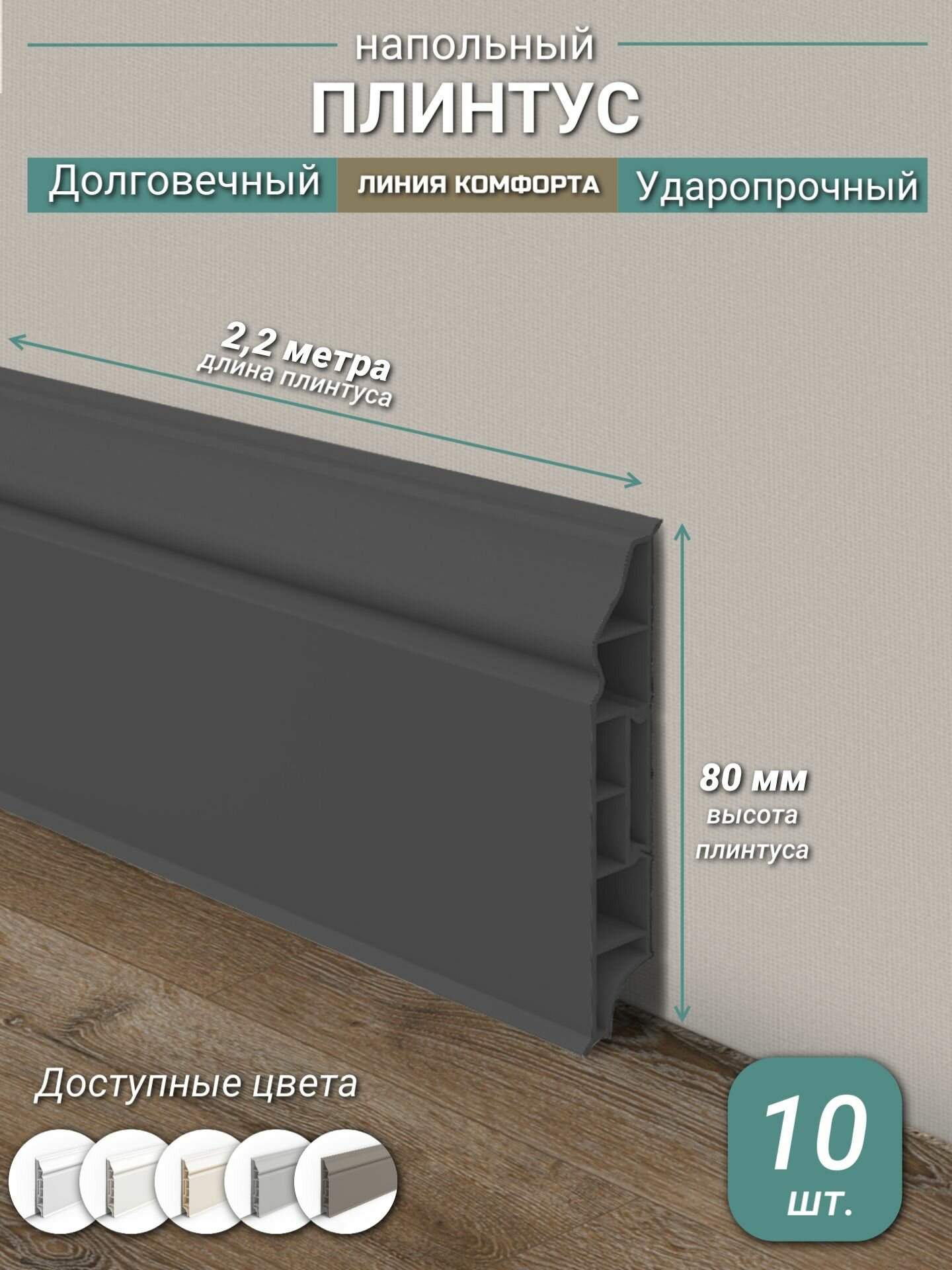 Плинтус Ideal, ПВХ, матовый, влагостойкий, ударопрочный, с кабель-каналом, 2,2 м, фигурный, Графит - 10 шт.