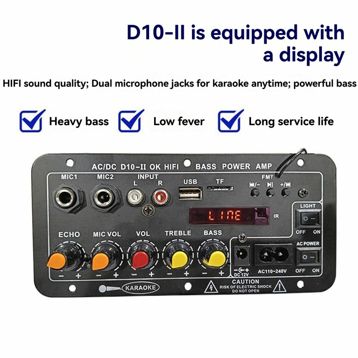 DC10-II 12 В домашний караоке-уличный автомобильный аудио сабвуфер, усилитель, плата Bluetooth с дисплеем, вилка США