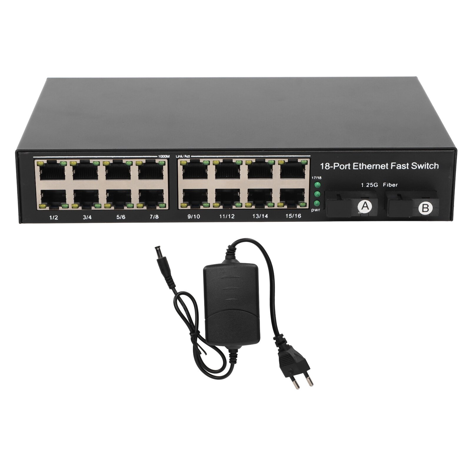 Медиаконвертер ethernet с двумя оптическими портами tx1310nm rx1550nm и 16 электрическими rj45 до 25 км вилкой eu 100 240v