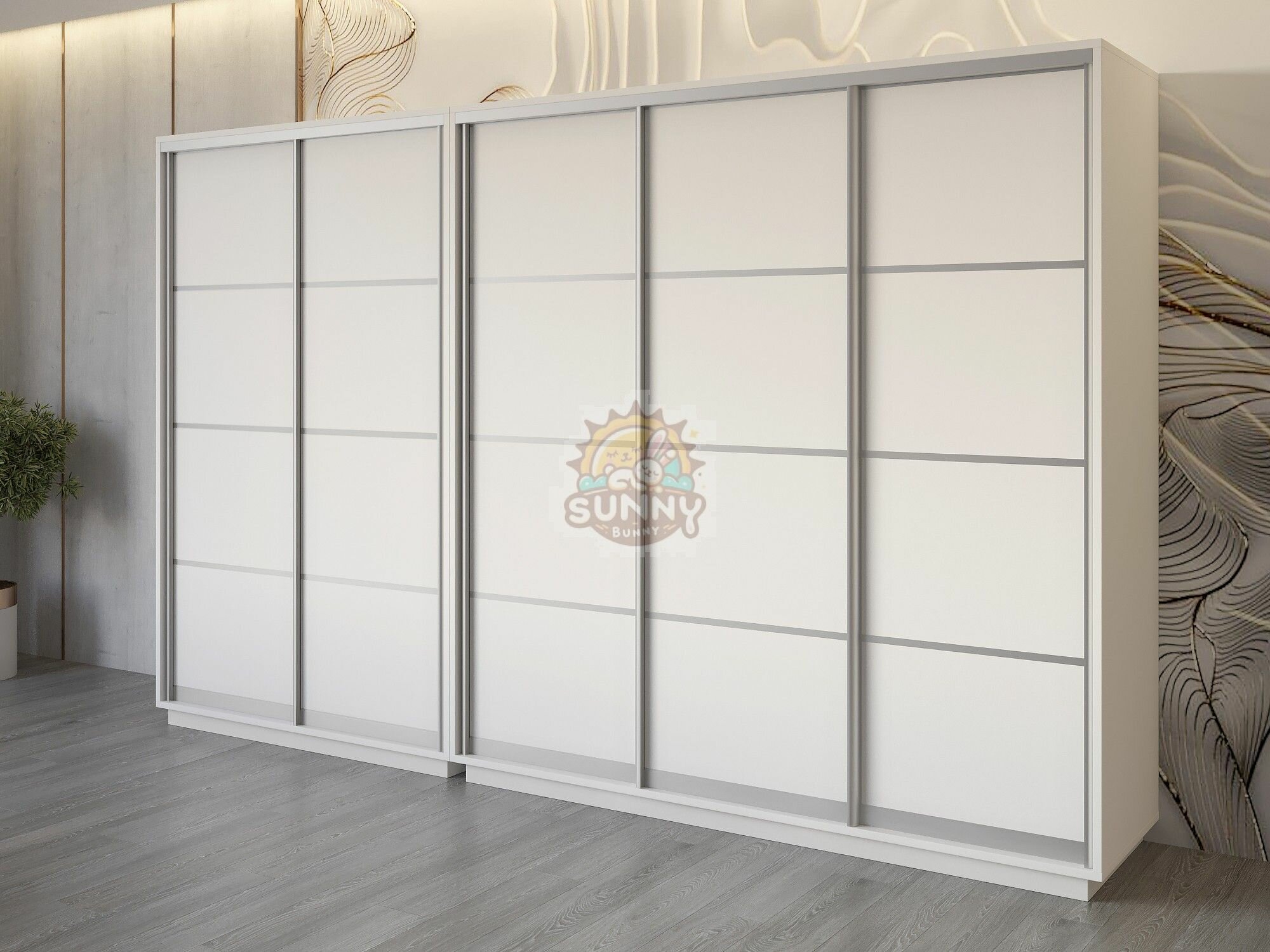 Шкаф-купе Флорида 5дв. (2+3) ЛДСП, профиль серебро, 300х60х220 см. Белый снег