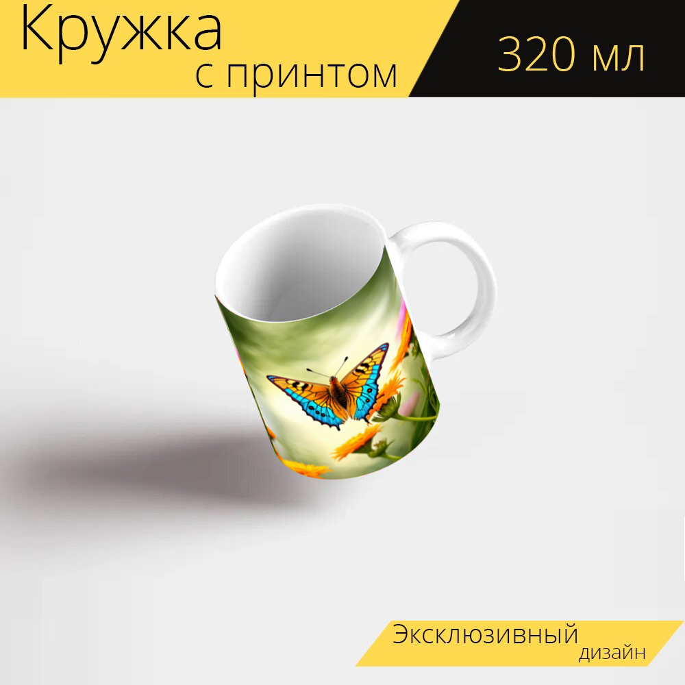 Кружка с рисунком, принтом "Бабочки. простор, в котором бабочки создают пулю, передавая различные истории в своих красочных перьях и стежках." 320 мл.