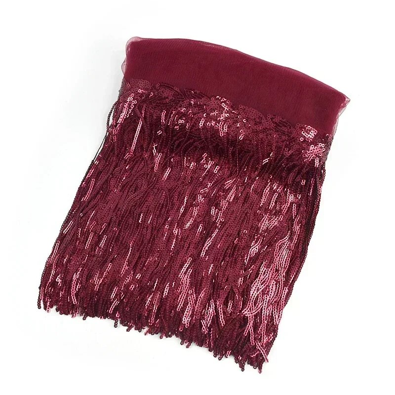 Лента бордовая с пайетками и бахромой, 5Yards, 6WineRed