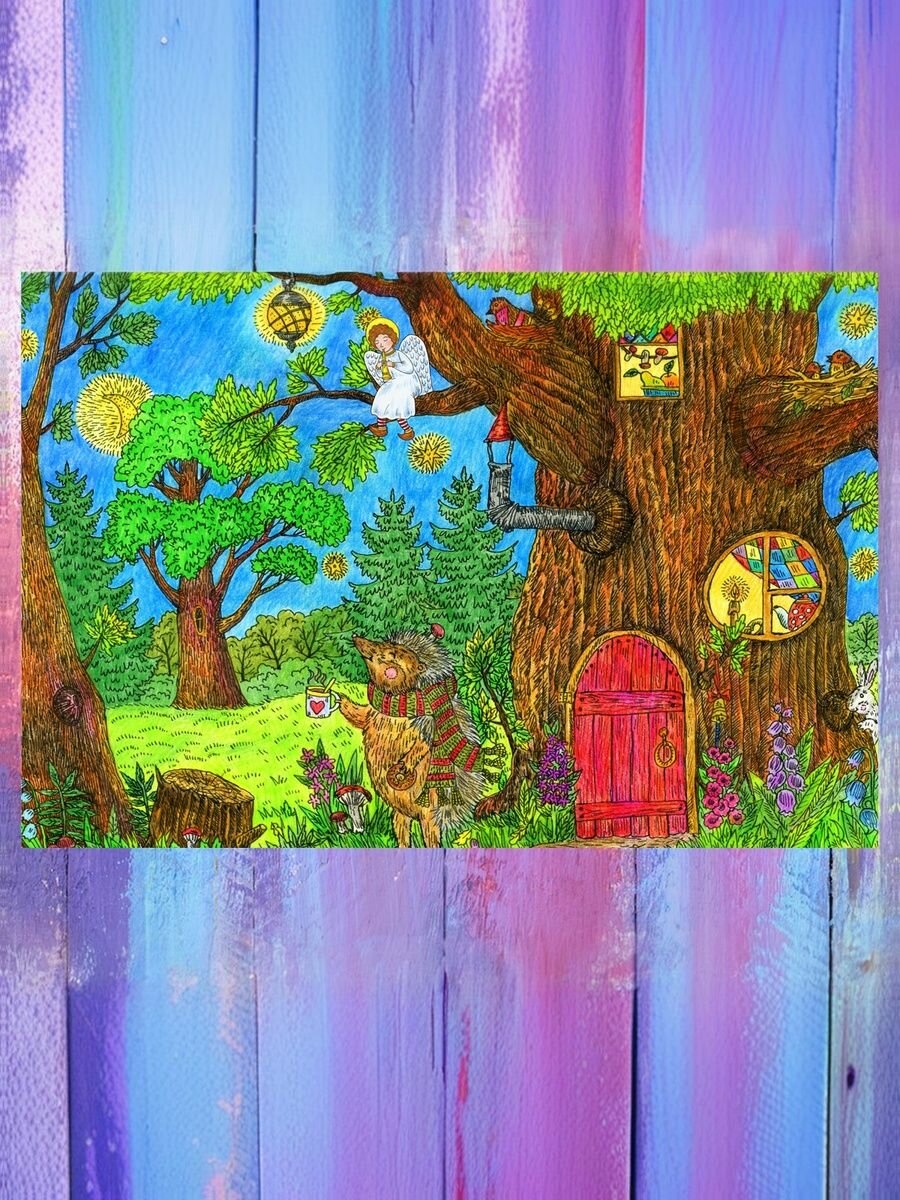 Открытка с ежиком и ангелом Поздравительная открытка с Днем рождения с конвертом в подарок