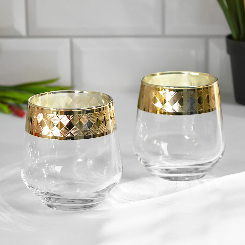 Набор стаканов для виски 2 шт 390 мл "Витраж", стекло, с золотой каймой, в подарочной коробке