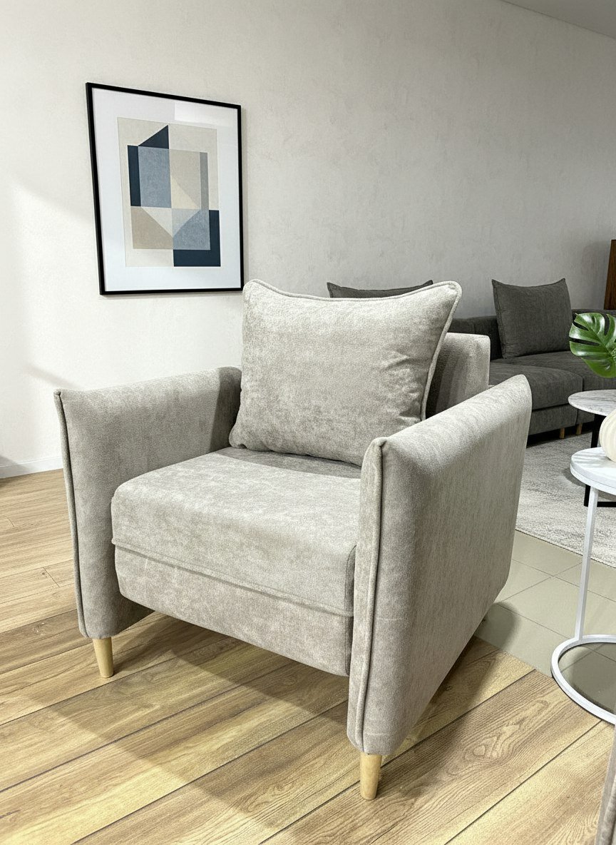 Кресло-кровать в современном стиле, бежевое, мягкие подлокотники, с ящиком, велюр, 190х60х82 см