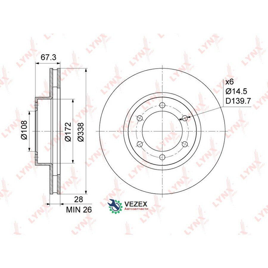 LYNXAUTO BN1158 Диск тормозной вентилируемый (338x28) | перед | Toyota Land Cruiser Prado(120,150) 2.7-4.0 02-/ Lexus GX470 01-