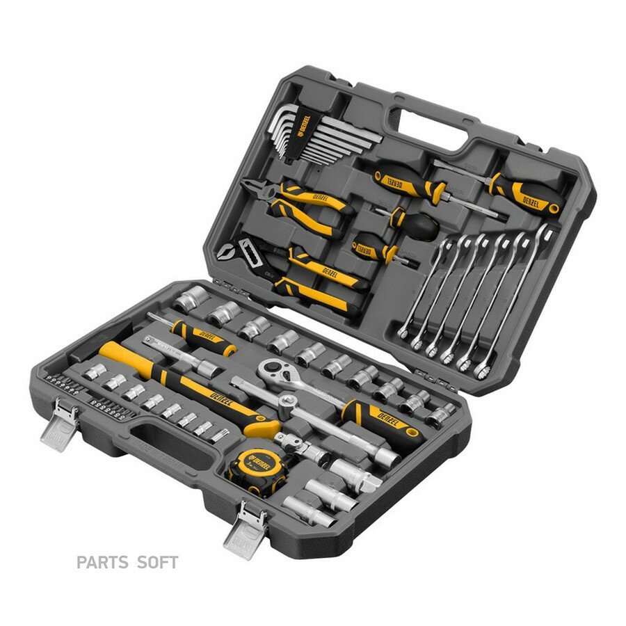 Набор инструментов, 1/2, 1/4, CrV, S2, пластиковый кейс, 64 предмета от официального дистрибьютора, DENZEL, артикул 15801